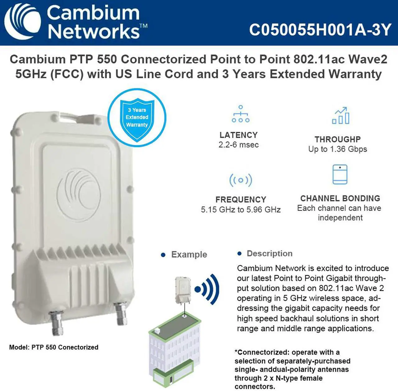Cambium PTP 550 Connectorized 5GHz 802.11ac Point to Point FCC w/ US ...