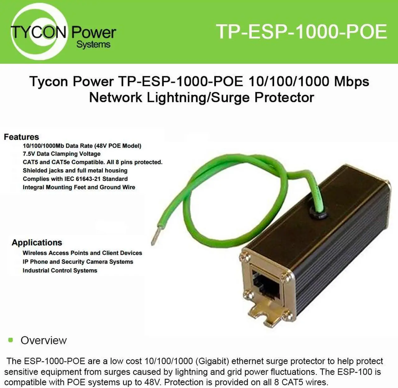 Tycon Power TP-ESP-1000-POE Lightning/Surge Protector Gigabit Ethernet ...