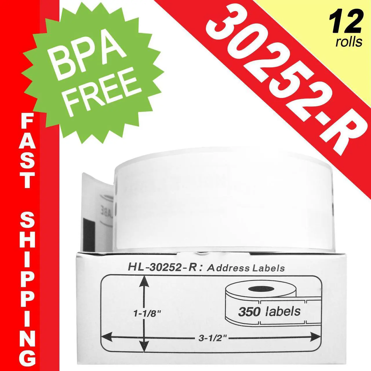 DYMO-Compatible 30252-R REMOVABLE Address Labels (1-1/8" x 3-1/2 ...