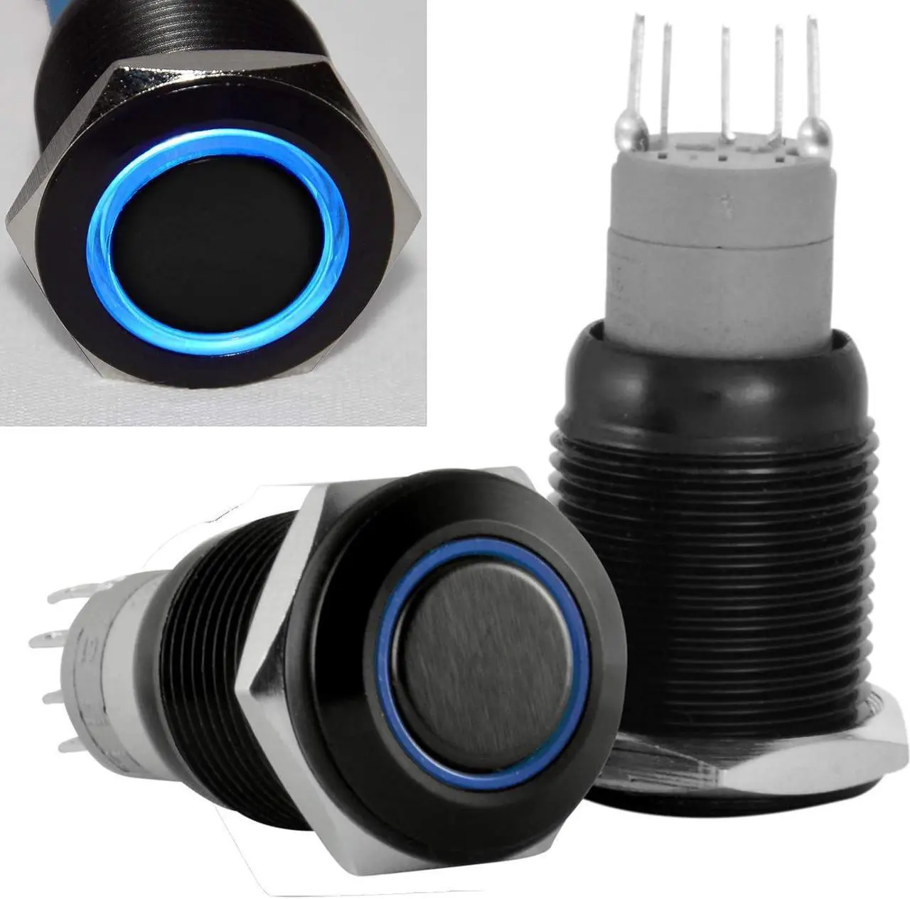 16mm 12V LED Momentary Push Button Black Metal Power Switch, Blue ...