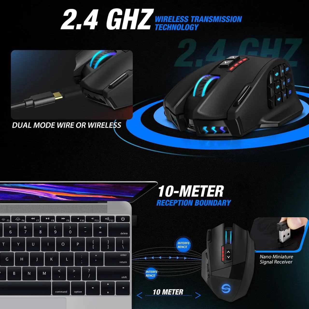 UtechSmart Venus Pro RGB Wireless MMO Gaming Mouse, 16,000 DPI Optical ...