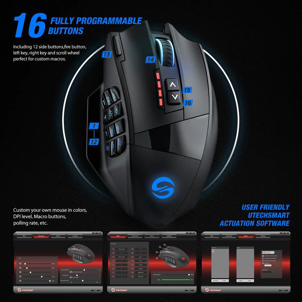 UtechSmart Venus Pro RGB Wireless MMO Gaming Mouse, 16,000 DPI Optical ...