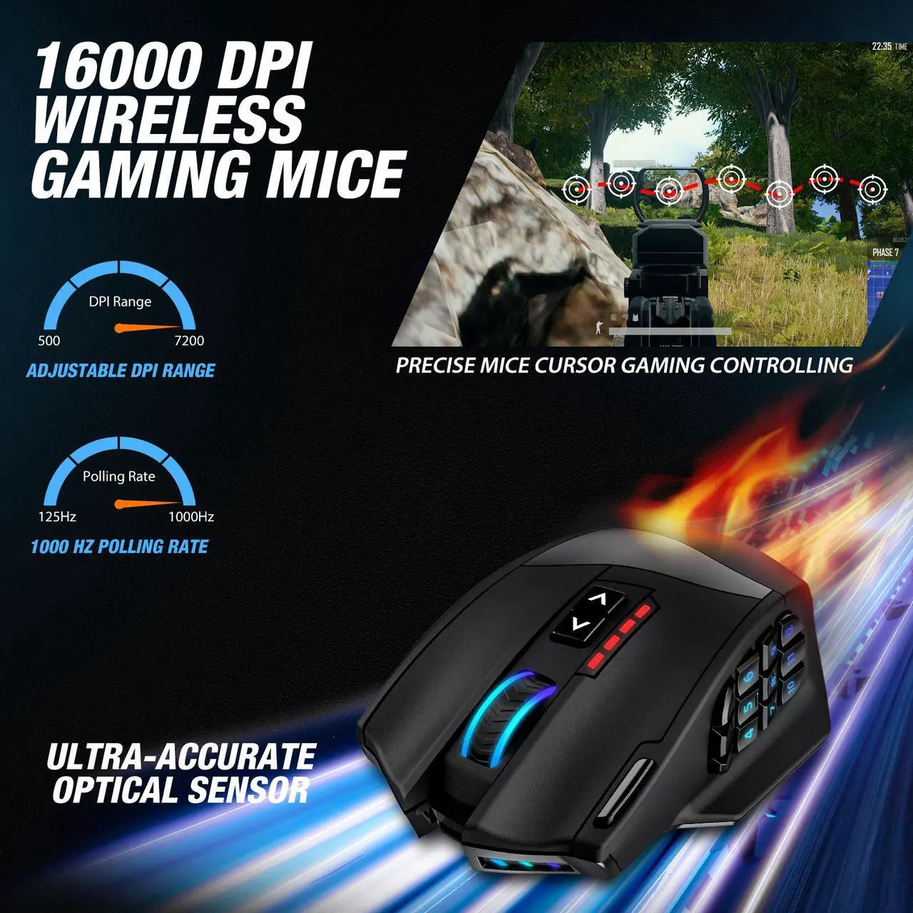 UtechSmart Venus Pro RGB Wireless MMO Gaming Mouse, 16,000 DPI Optical ...