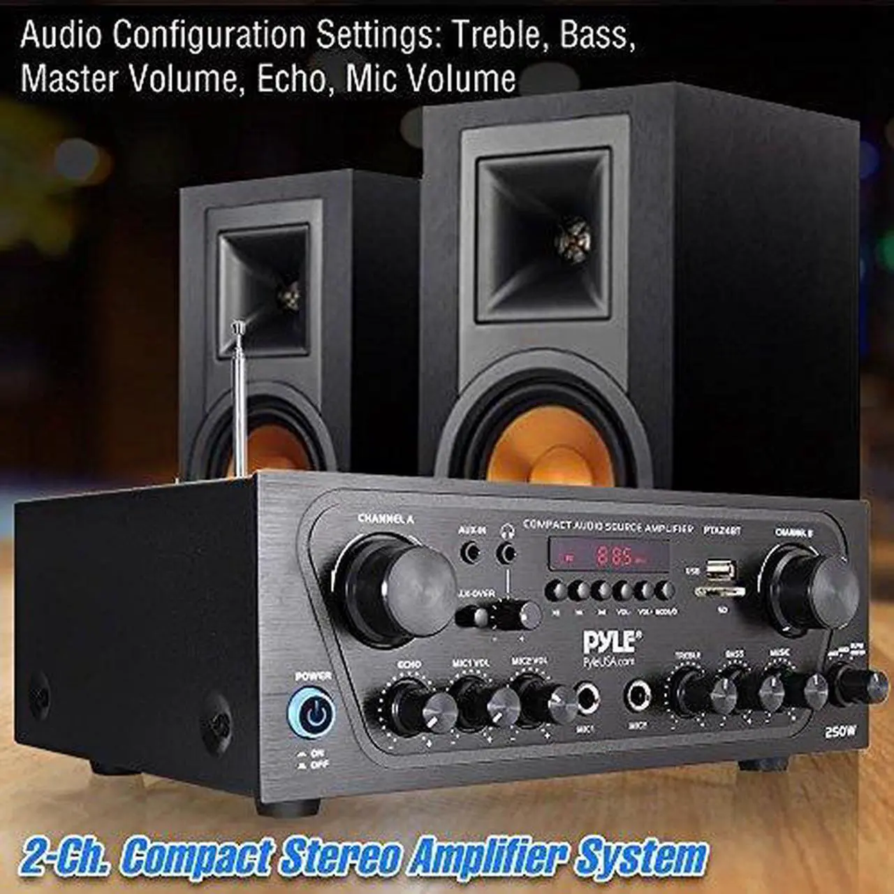 Pyle PTA24BT 250W 2-Channel Compact Bluetooth Home Audio Amplifier with ...