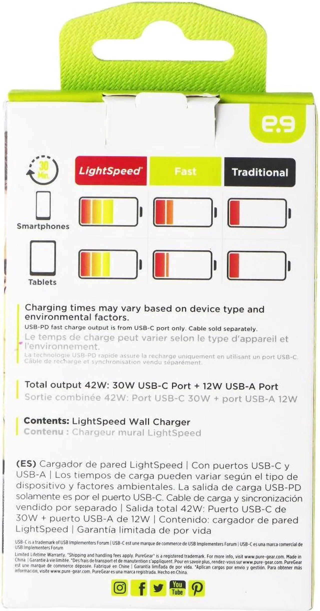 PureGear LightSpeed (42W) USB-C and USB-A Wall Charger - White (63978PG ...