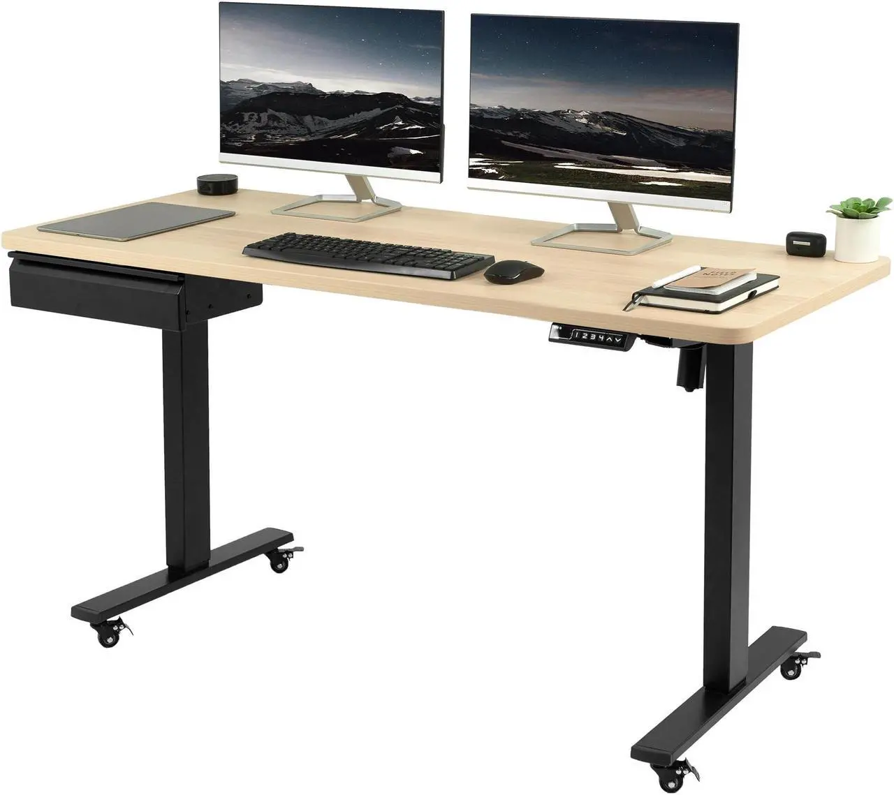 VIVO Electric 60x24 Desk with Drawer & Casters, Light Wood Solid One ...