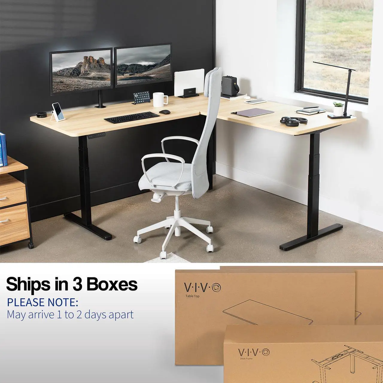 VIVO Electric 77" x 71" Corner Stand Up Desk, Light Wood Table Tops ...