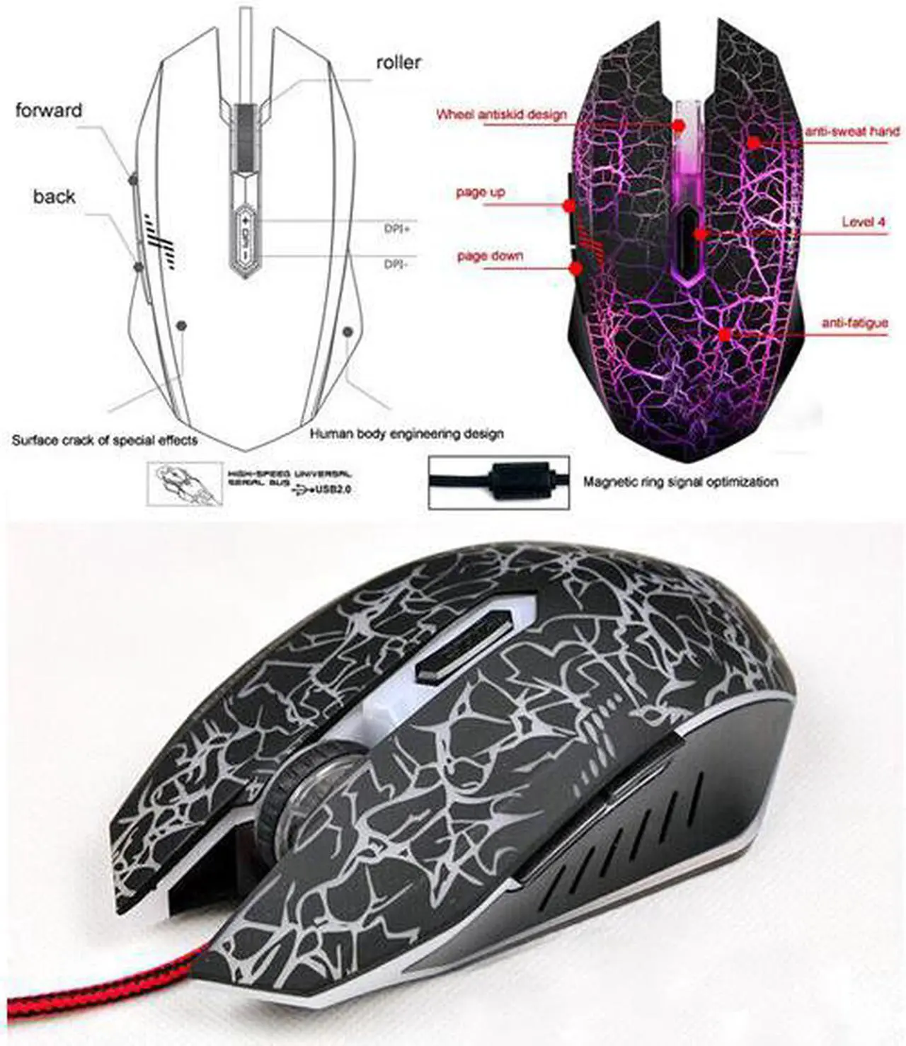 Cool Design 7 Colors LED Game Mice Adjustable 2400DPI 6 Buttons Optical ...