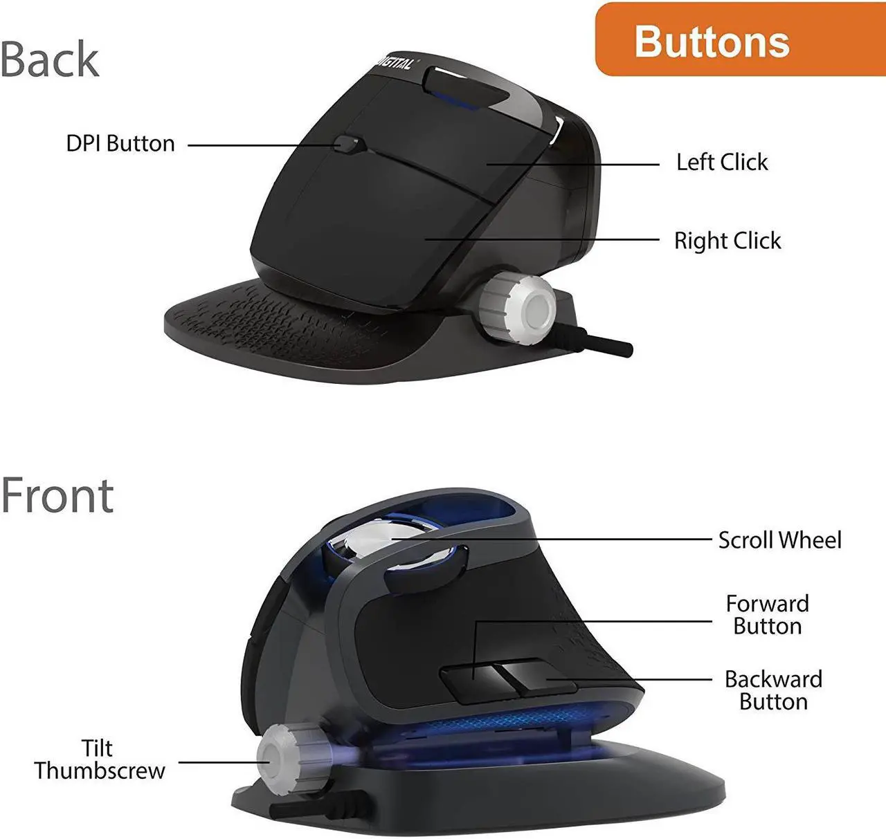 J-Tech Digital Wired Ergonomic Mouse for Large Hands with Adjustable ...