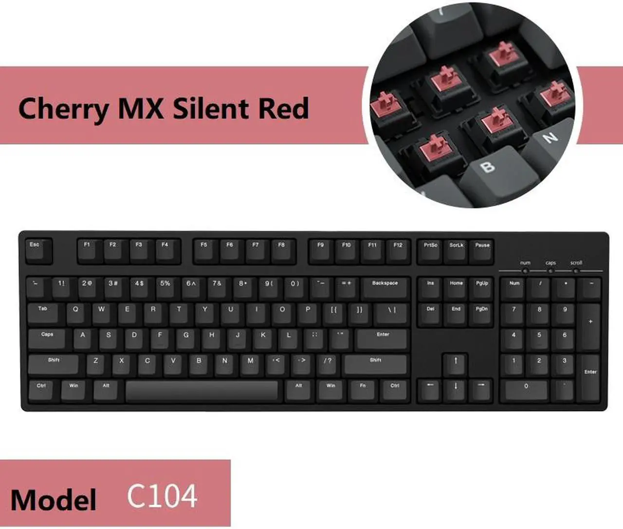 iKBC C210 104 Keys Mechanical Keyboard with Cherry MX Silent Red Switch, Black PBT Double Shot ...