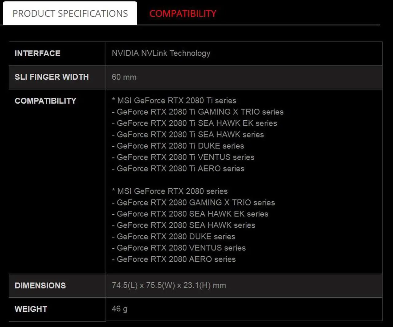 MSI NVLink GPU BRIDGE 2 way 3 Slot 60mm Compatible RTX 2080 Ti series ...