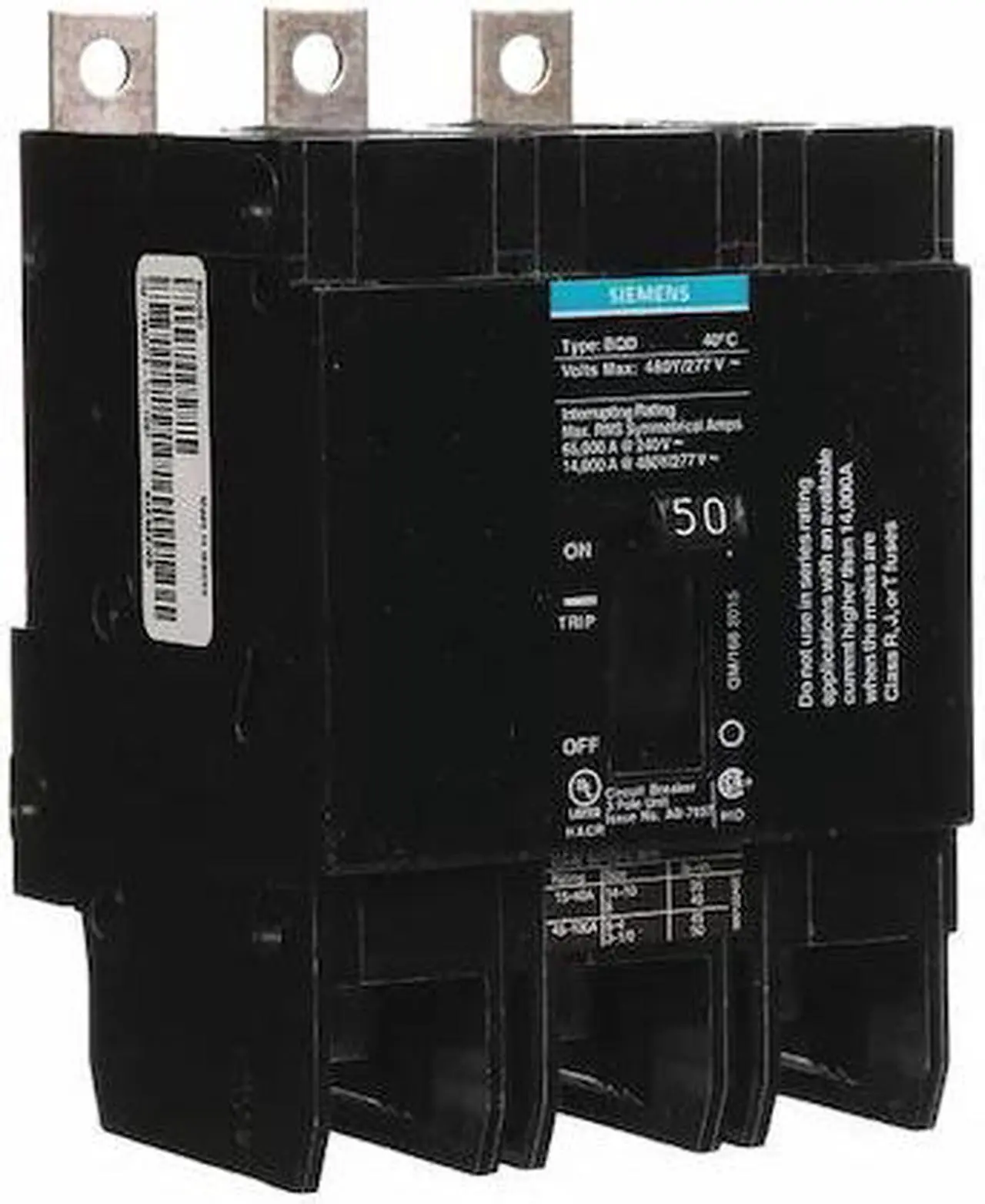 SIEMENS BQD350 Miniature Circuit Breaker, BQD Series, 50A, 3 Pole, 480V ...