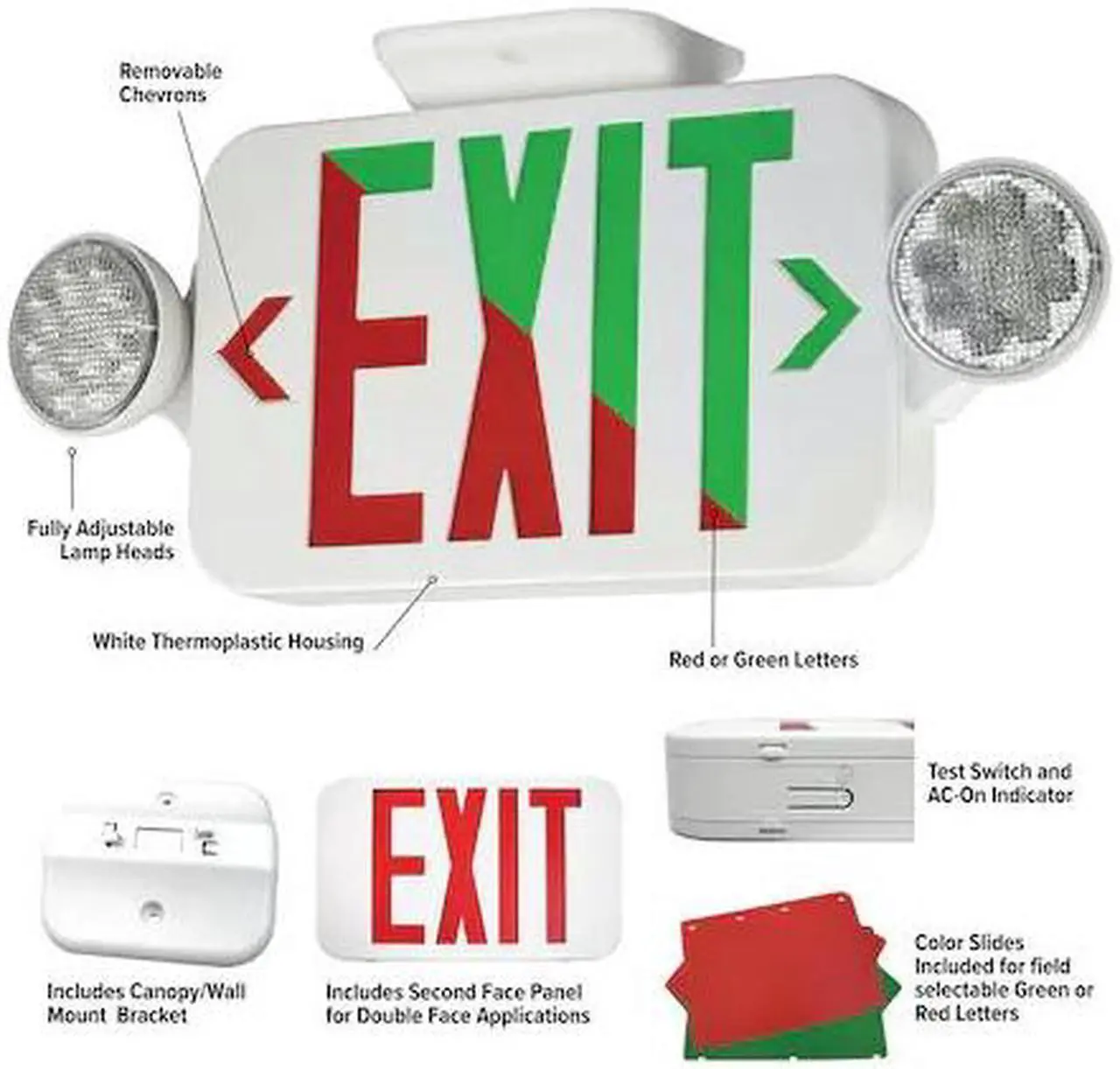 COMPASS CCRGRC LED Exit Sign/Emergency Light Combo, Red/Green, Remote ...