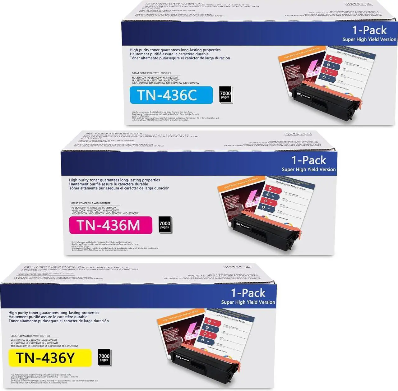 TN-436 3-Pack (7,000 Pages) TN436 Toner Replacement for Brother TN436 ...