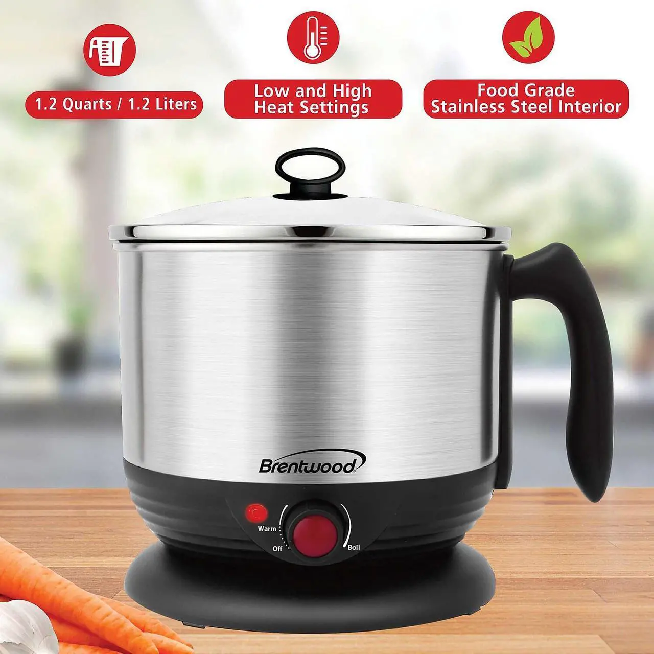Brentwood Stainless Steel 1.3 Quart Cordless Electric Hot Pot Cooker ...