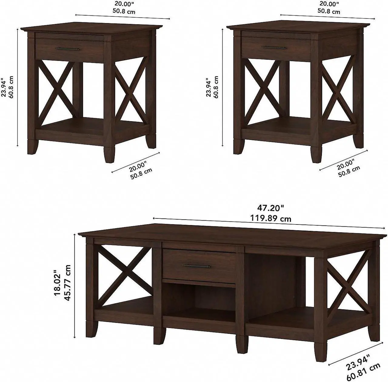 Bush Furniture Key West 47" x 24" Coffee Table with Set of 2 End Tables ...