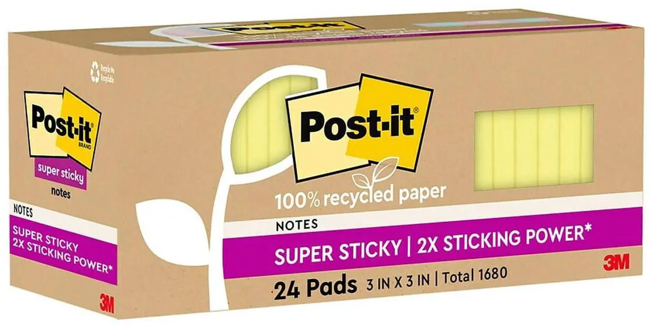 Post-it 100% Recycled Paper Super Sticky Notes 3" x 3" Canary Yellow 70 ...