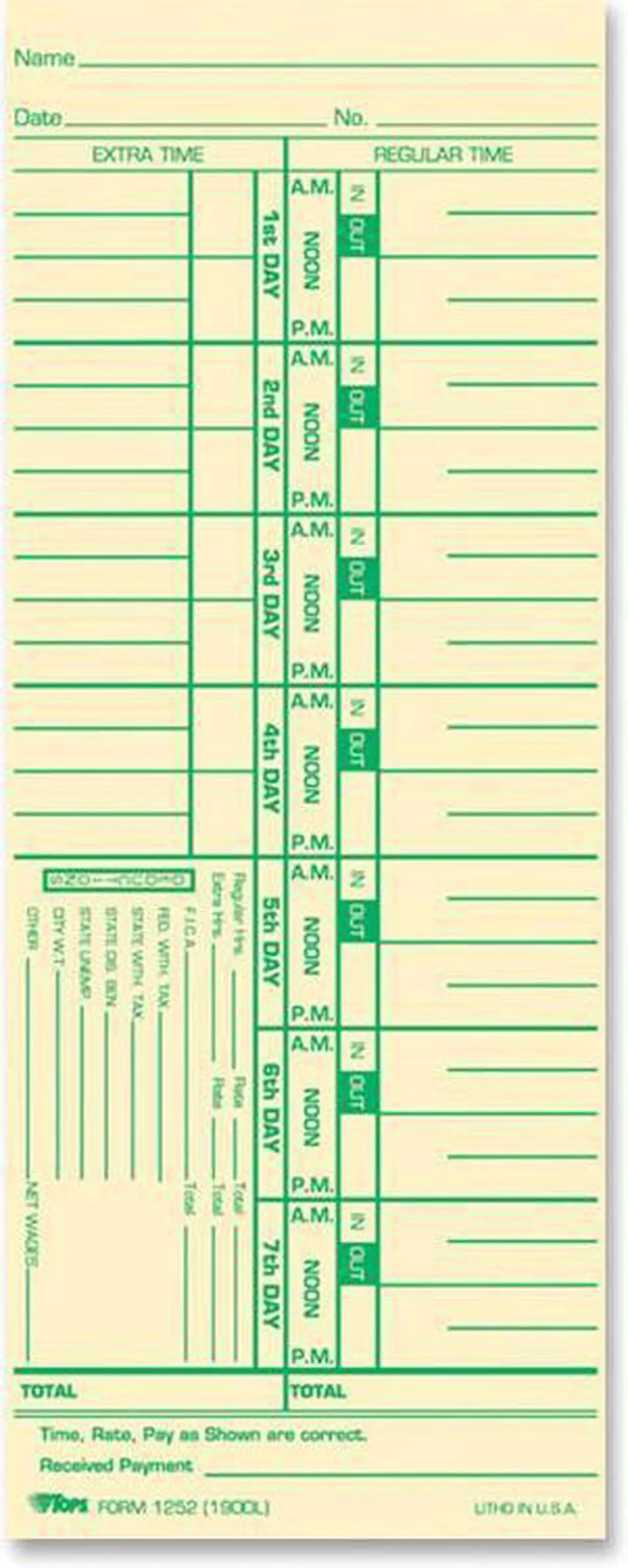 Tops Time Cards 143lb. Numbered Days 3-1/2"x9" 100/PK 12523 - Newegg.com