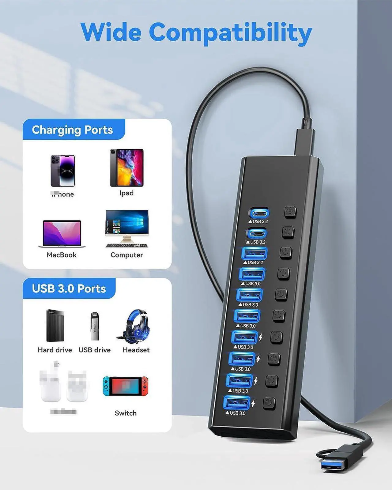 Powered USB Hub 3.2, 10-Port USB 3.2/USB C Hub (10Gbps USB-A 3.2 + 2x ...