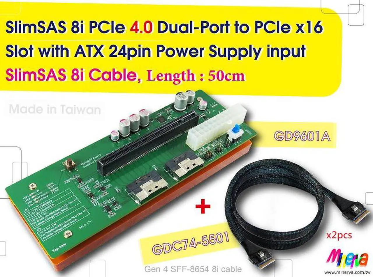 SlimSAS 8i x2 (SFF-8654) to PCIe 4.0 x16 Slot with Hot plug Power ...