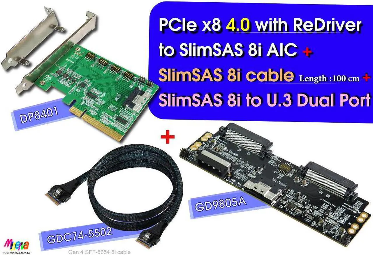 PCIe x8 Gen4 with ReDriver to SlimSAS 8i AIC & SlimSAS 8i cable, 100cm ...