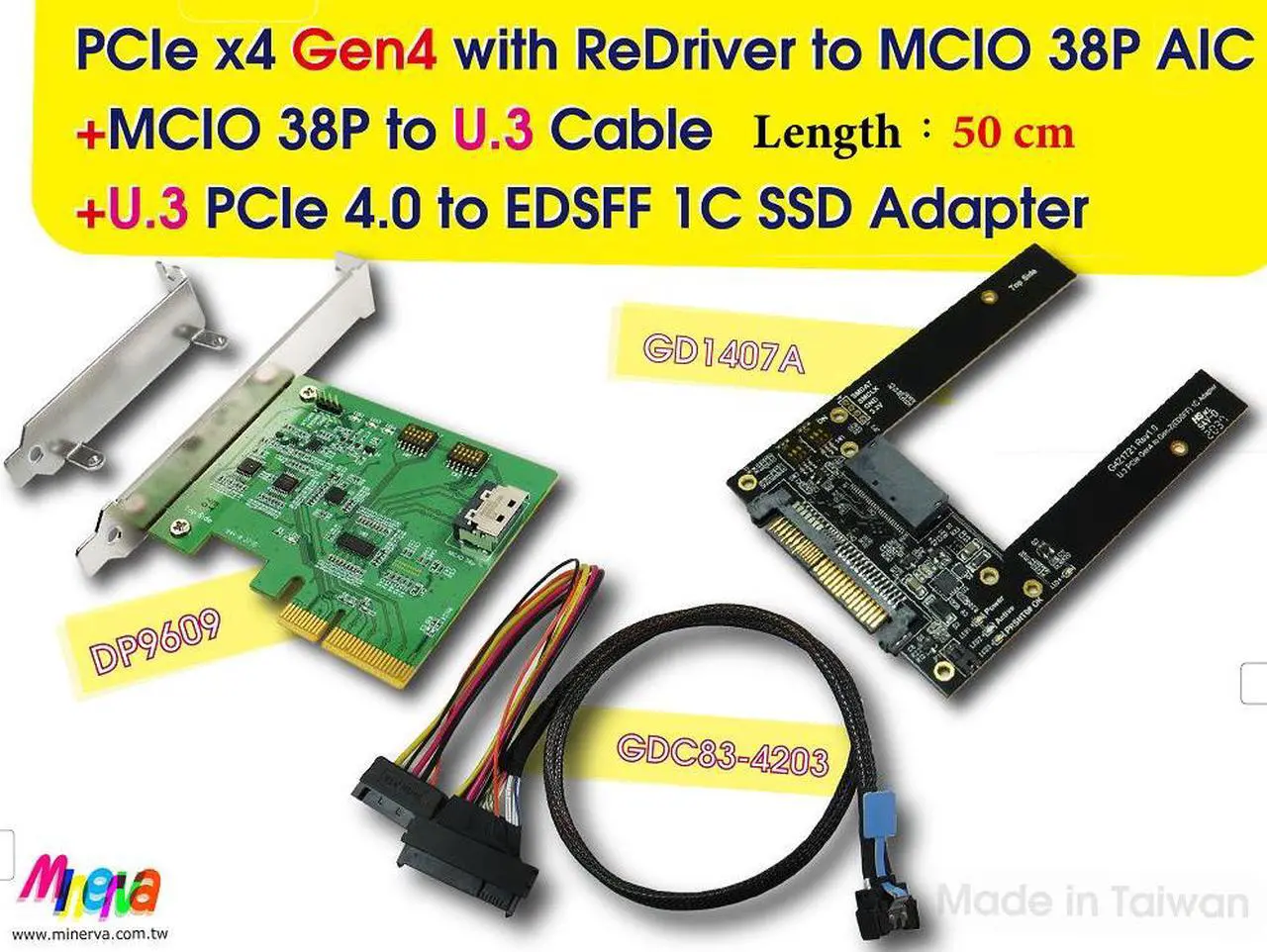 PCIe x4 Gen4 with ReDriver to MCIO 38P AIC & MCIO 38P to U.3, 50 cm ...