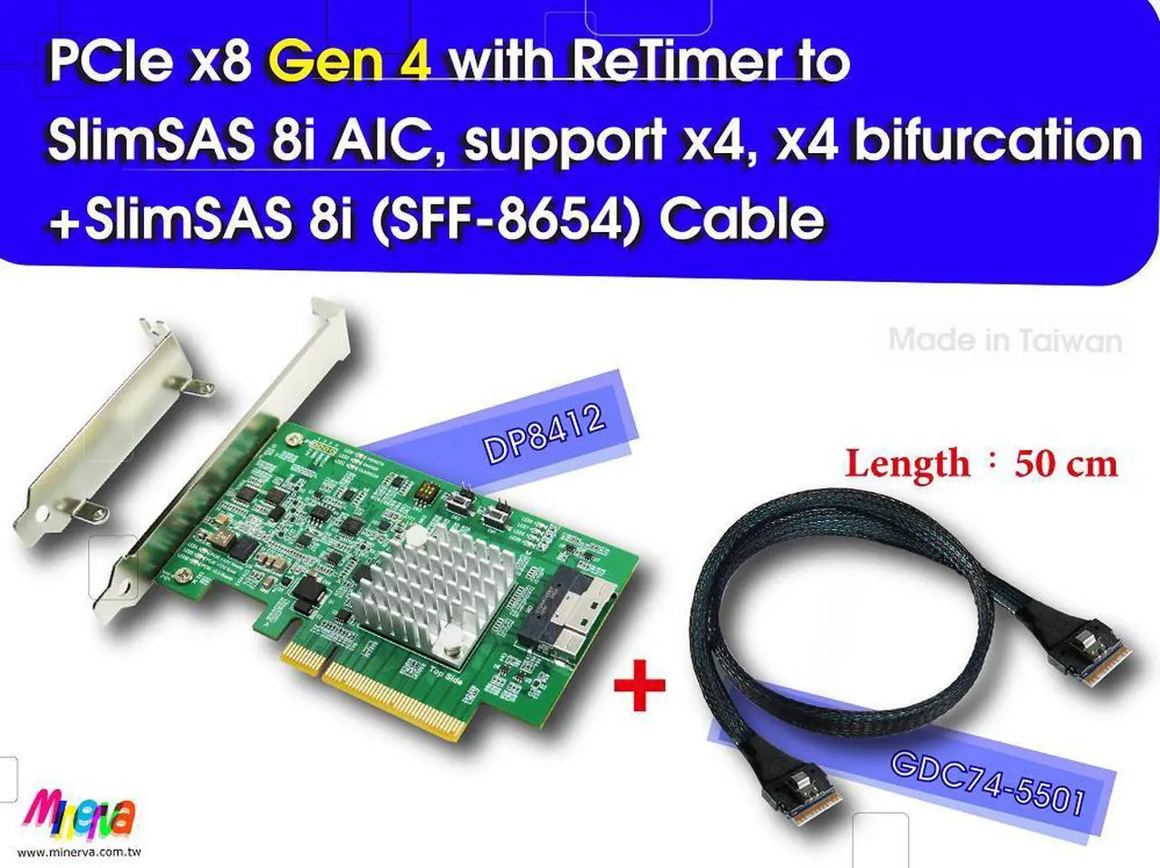 PCIe x8 Gen 4 with ReTimer to SlimSAS 8i +SlimSAS 8i cable,50cm ...