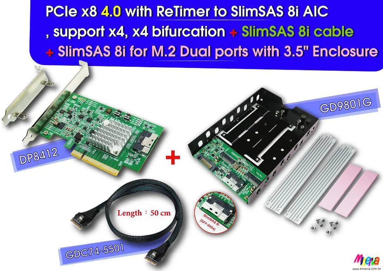 PCIe x8 Gen 4+ReTimer to SlimSAS 8i+SlimSAS 8i, 50cm cable+SlimSAS 8i ...