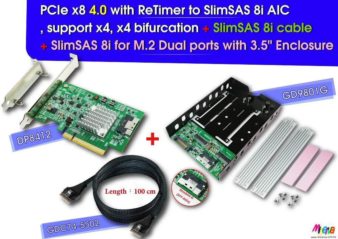 PCIe x8 Gen 4+ReTimer to SlimSAS 8i+SlimSAS 8i, 100cm cable+SlimSAS 8i ...