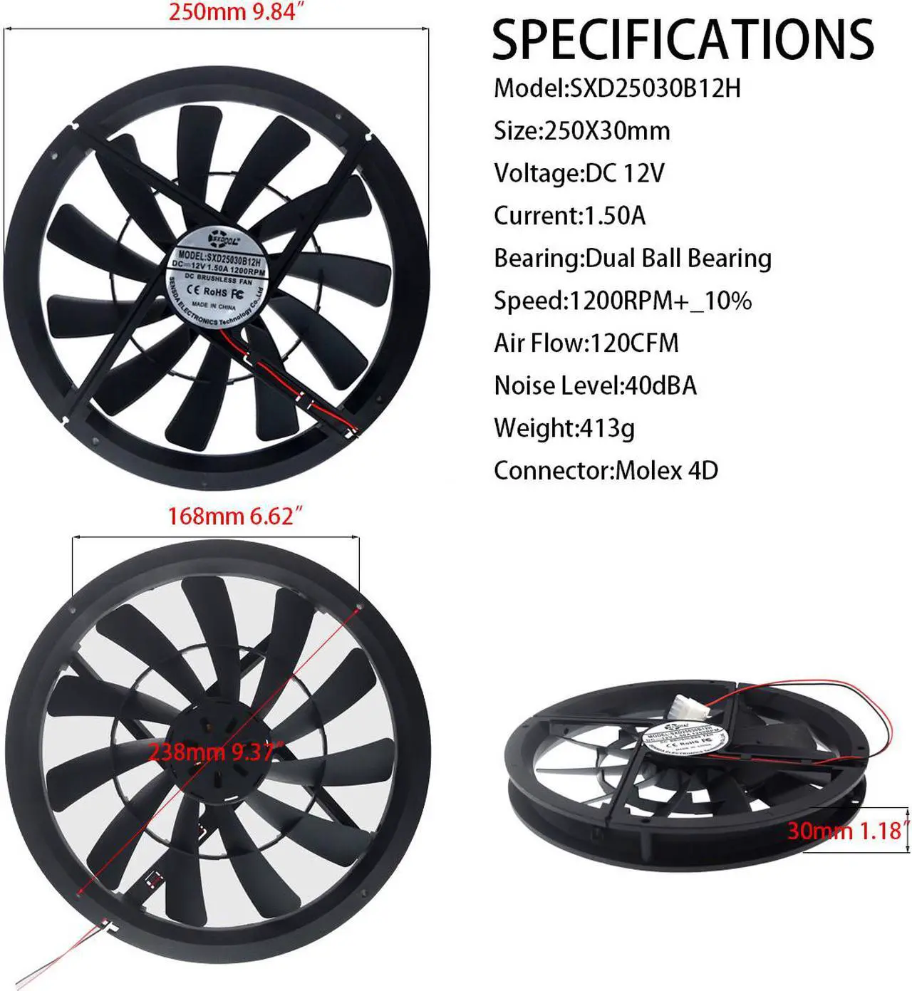 SXDOOL 250mm DC 12V Cooling Fan,1200 RPM 40DBA molex 4D 25X3 cm, for Computer Case Server Quiet ...