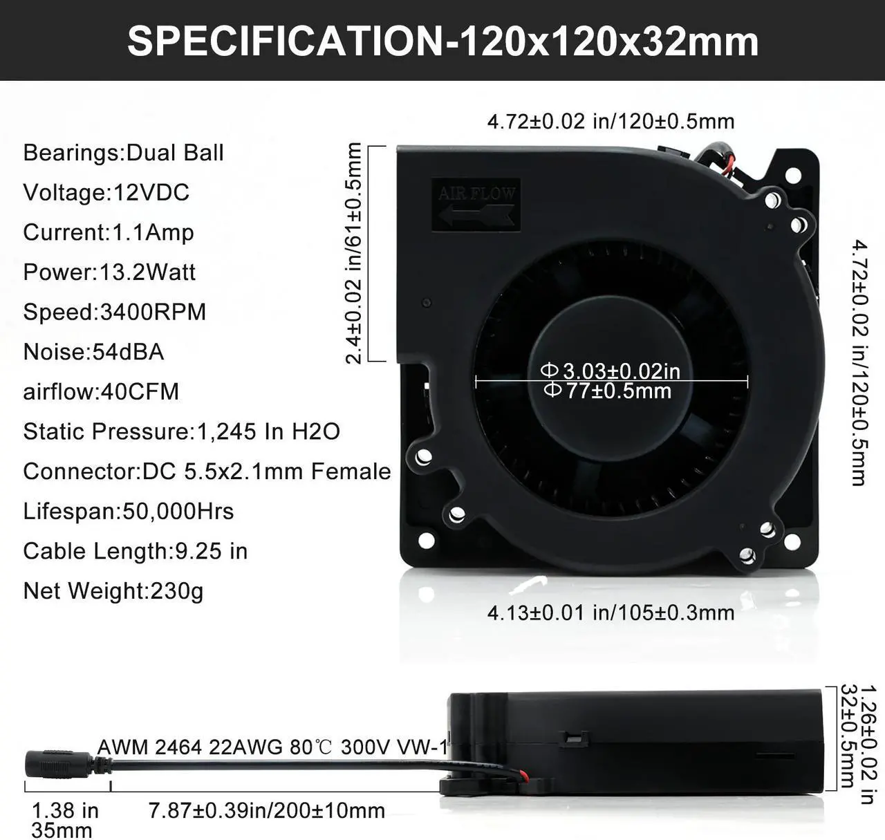 NEW 120mm Blower 12cm 120x120x32mm 12032 Centrifugal Cooling Fan w/ AC ...