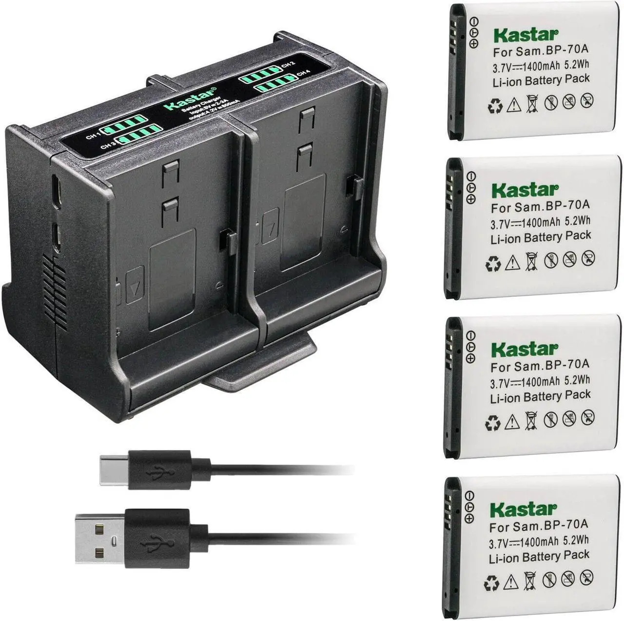 Kastar 4-Pack BP-70A Battery and Quadruple Charger Compatible with Samsung ES78, ES80, ES81 ...