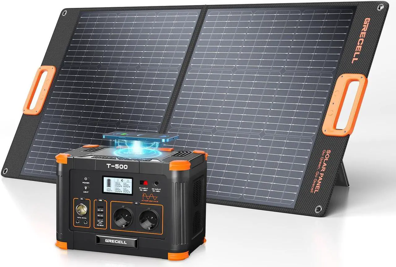 GRECELL 100W Portable Solar Panel Kit with 500W Power Station, 519Wh/140400mAh Solar Generator ...