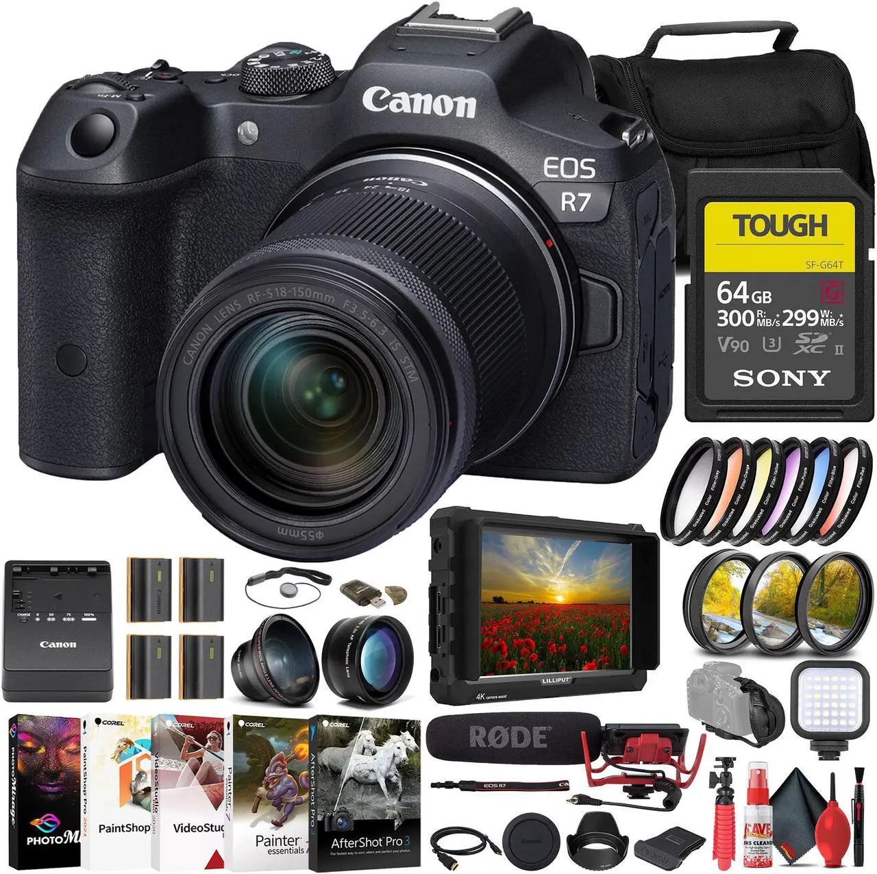 Canon EOS R7 Mirrorless Camera W/ 18-150mm Lens + 4K Monitor + Rode ...
