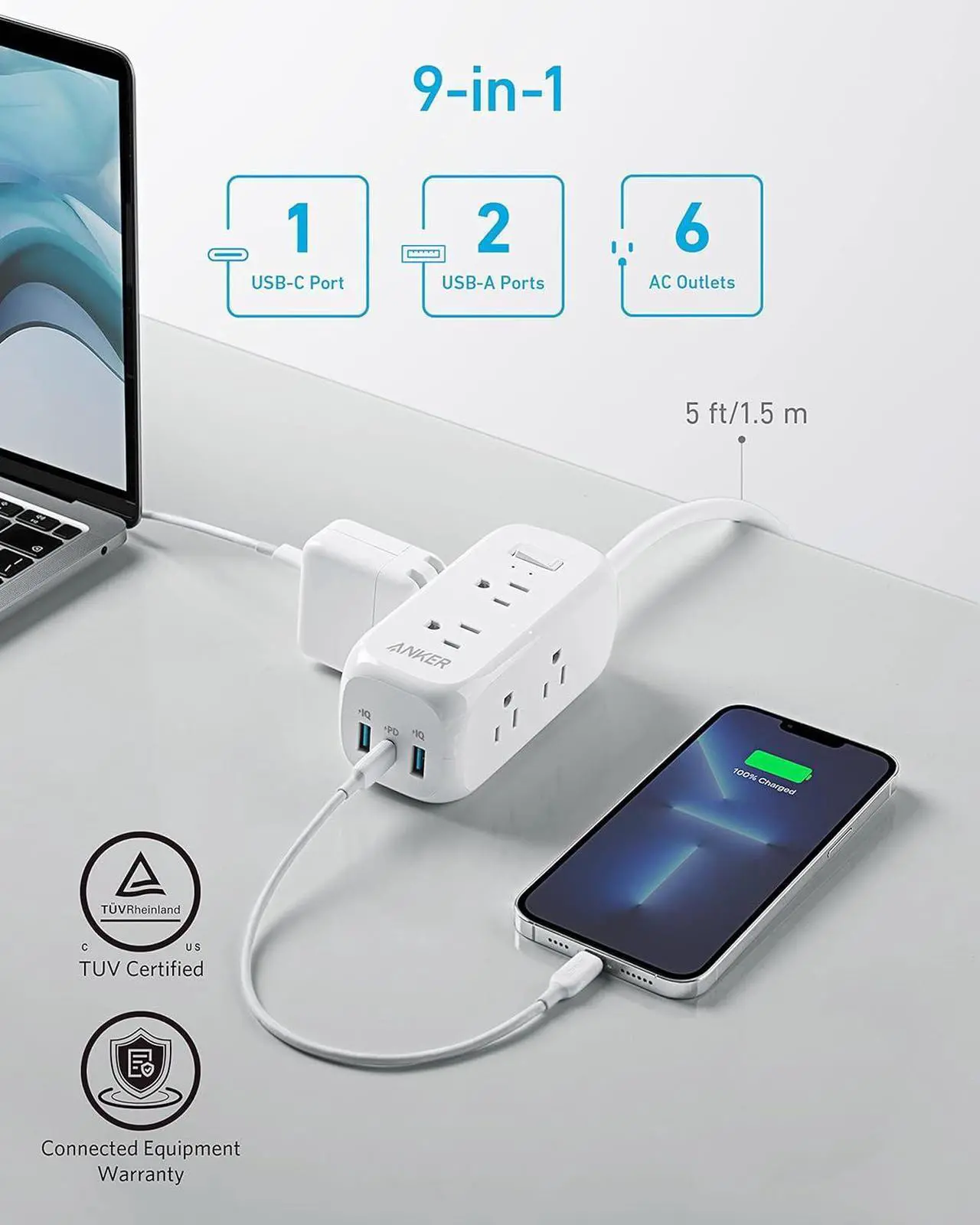 Anker 332 USB C Power Strip Surge Protector(300J),6 Outlets and 20W Power Delivery for iPhone 14 ...