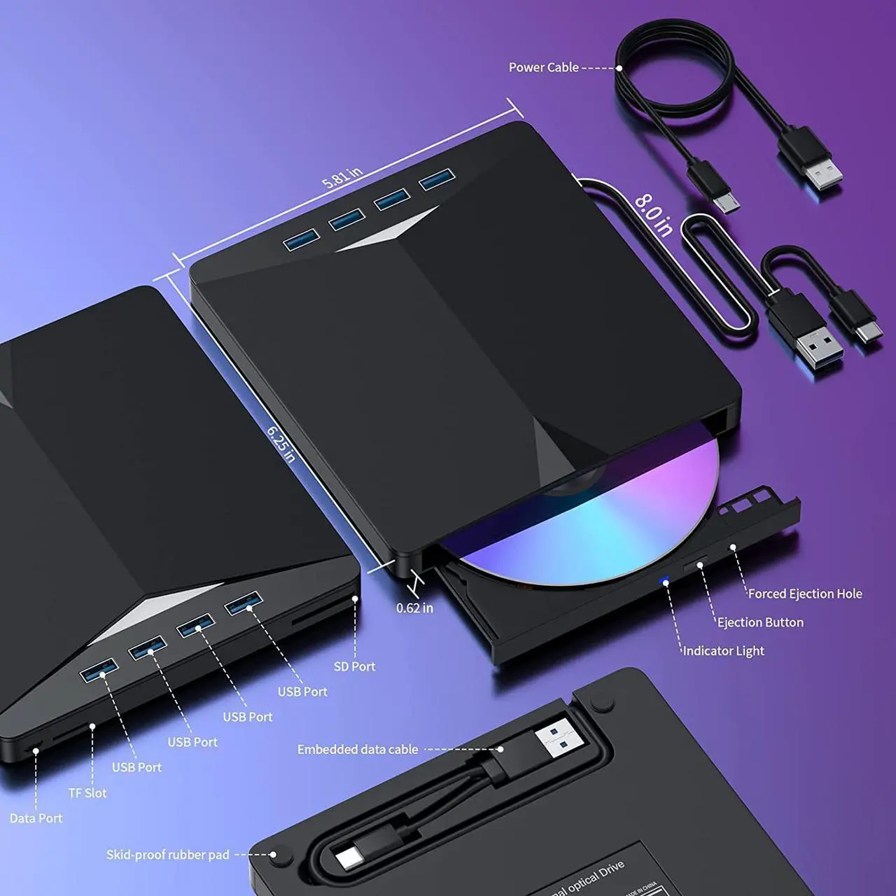 7 -in-1 External DVD Drive with 4xUSB3.0 Ports and TF SD Card Slots ...