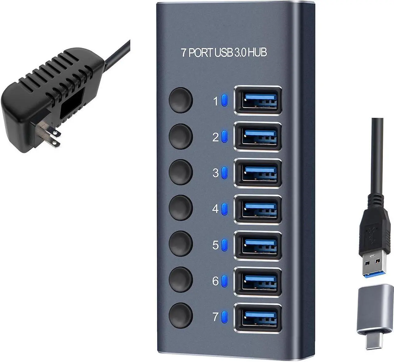 7-Port USB 3.0 Hub with Power Adapter - USB-A Hub with Individual On ...