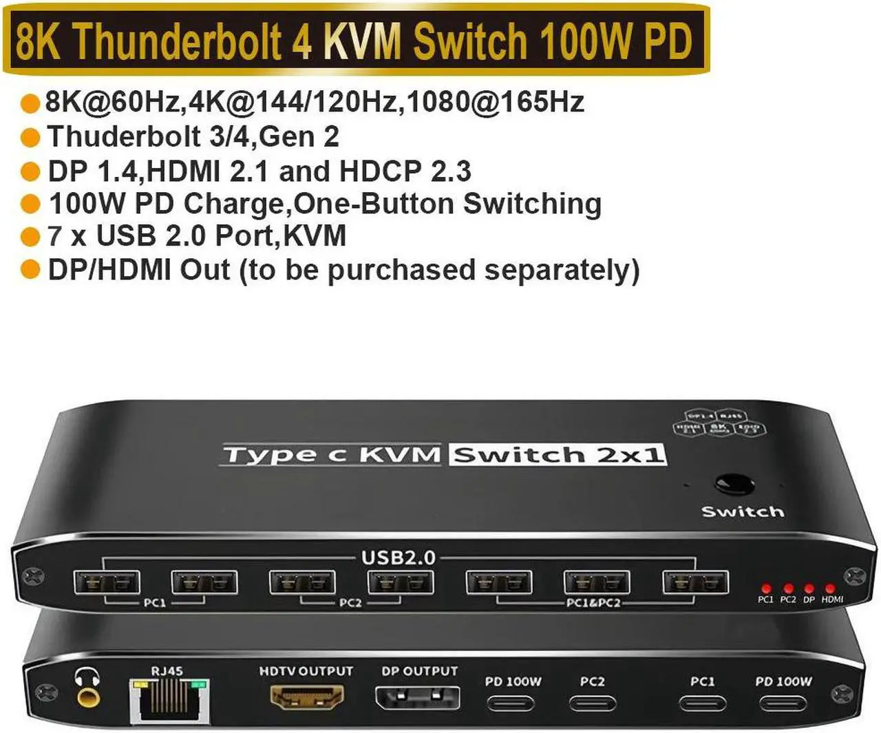 2x1 USB-C KVM Switch Selector 2-Port 100W PD for 2 Computers Share Keyboard Mouse Printer and 1 ...