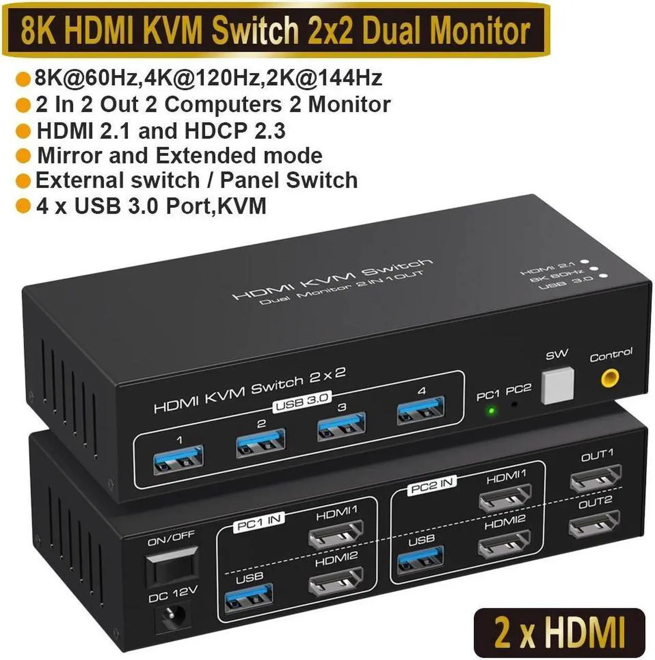 USB 3.0 HDMI KVM Switch 2 Monitors 2 Computers 8K@60Hz 4K@120Hz, EDID ...