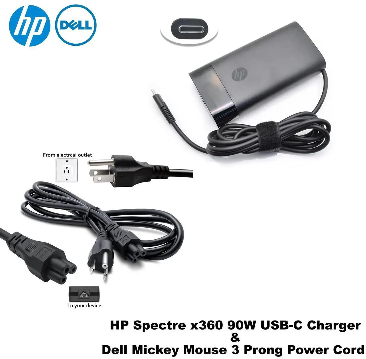 HP Spectre x360 90W USB-C Charger & Dell Mickey Mouse 3-Prong Power ...