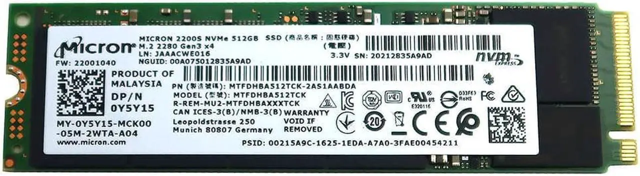 MTFDHBA512TCK Micron 2200S 512GB TLC M.2 2280 Nvme PCI-EXPRESS GEN3 X4 ...