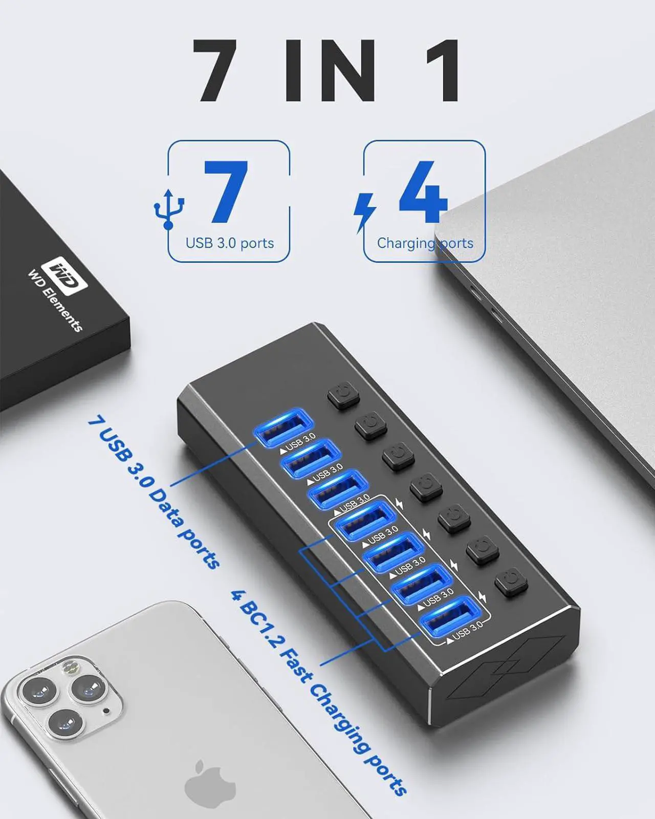 Powered USB Hub, 7-Port USB 3.0 Hub with 24W Power Adapter, Aluminum ...