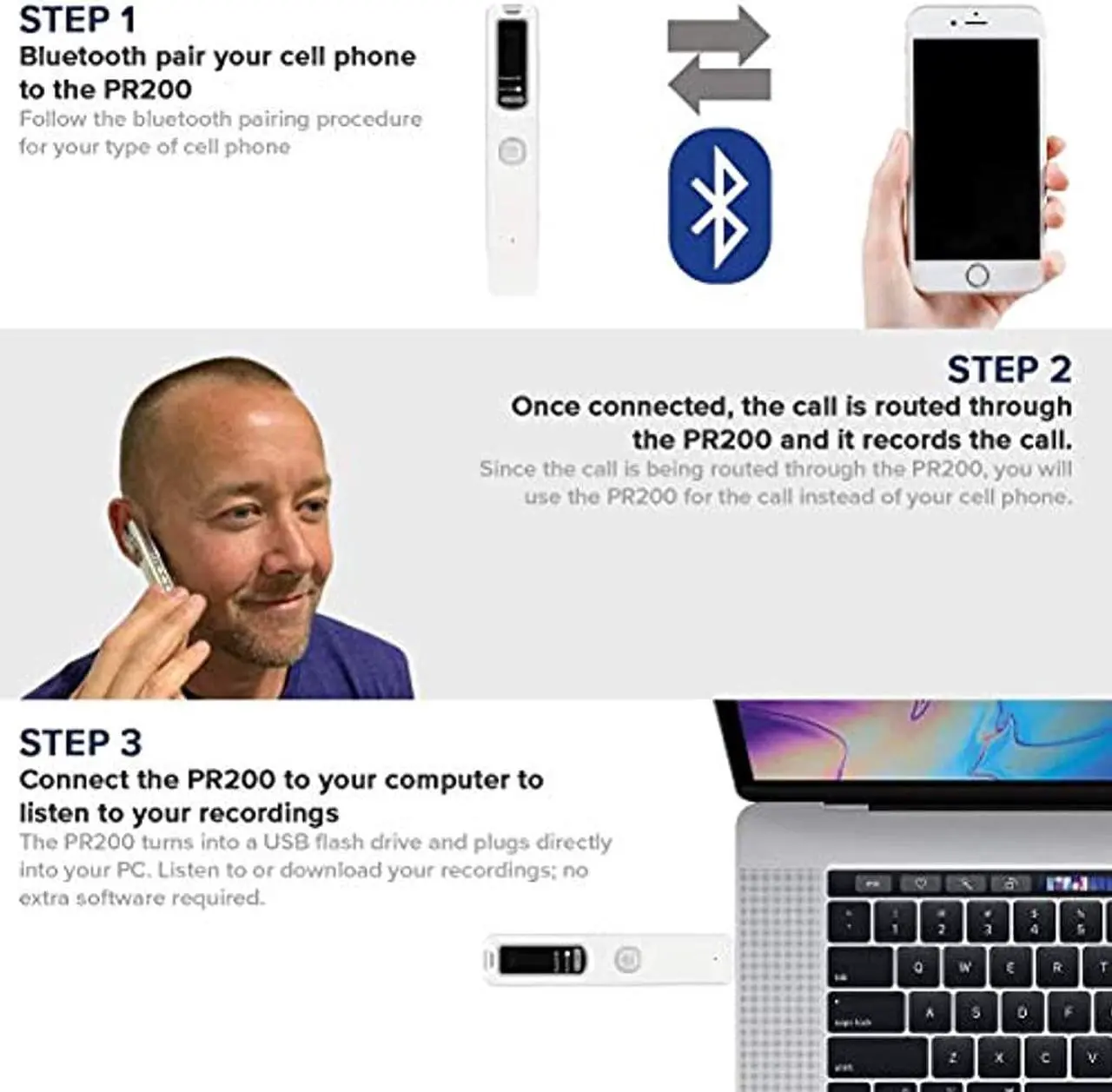 RecorderGear PR200 Bluetooth Cell Phone Call Recording Device, iPhone ...