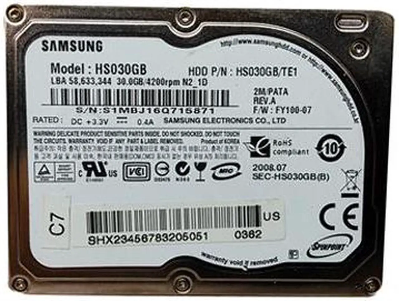 SAMSUNG HS030GB 30GB 7200 RPM 2MB Cache IDE Ultra ATA100 / ATA-6 1.8 ...