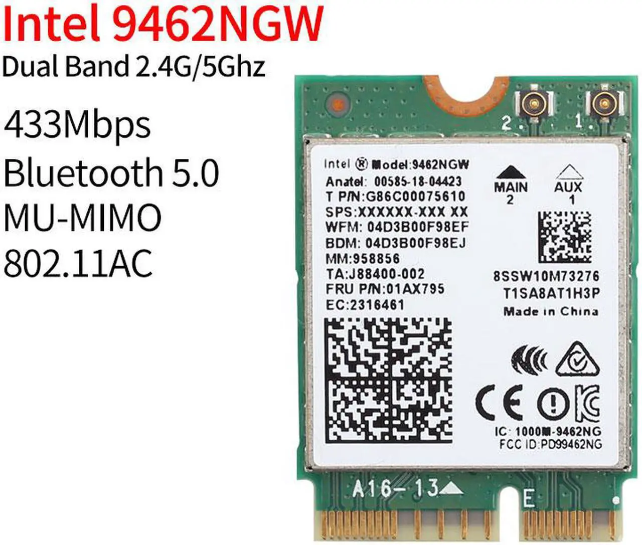 Dual Band 433Mbps Wireless For Intel AC 9462 9462NGW NGFF Key E Wifi ...