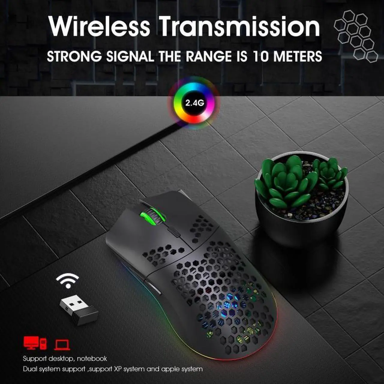 HXSJ T66 7 Keys Colorful Lighting Programmable Gaming Wireless Mouse ...