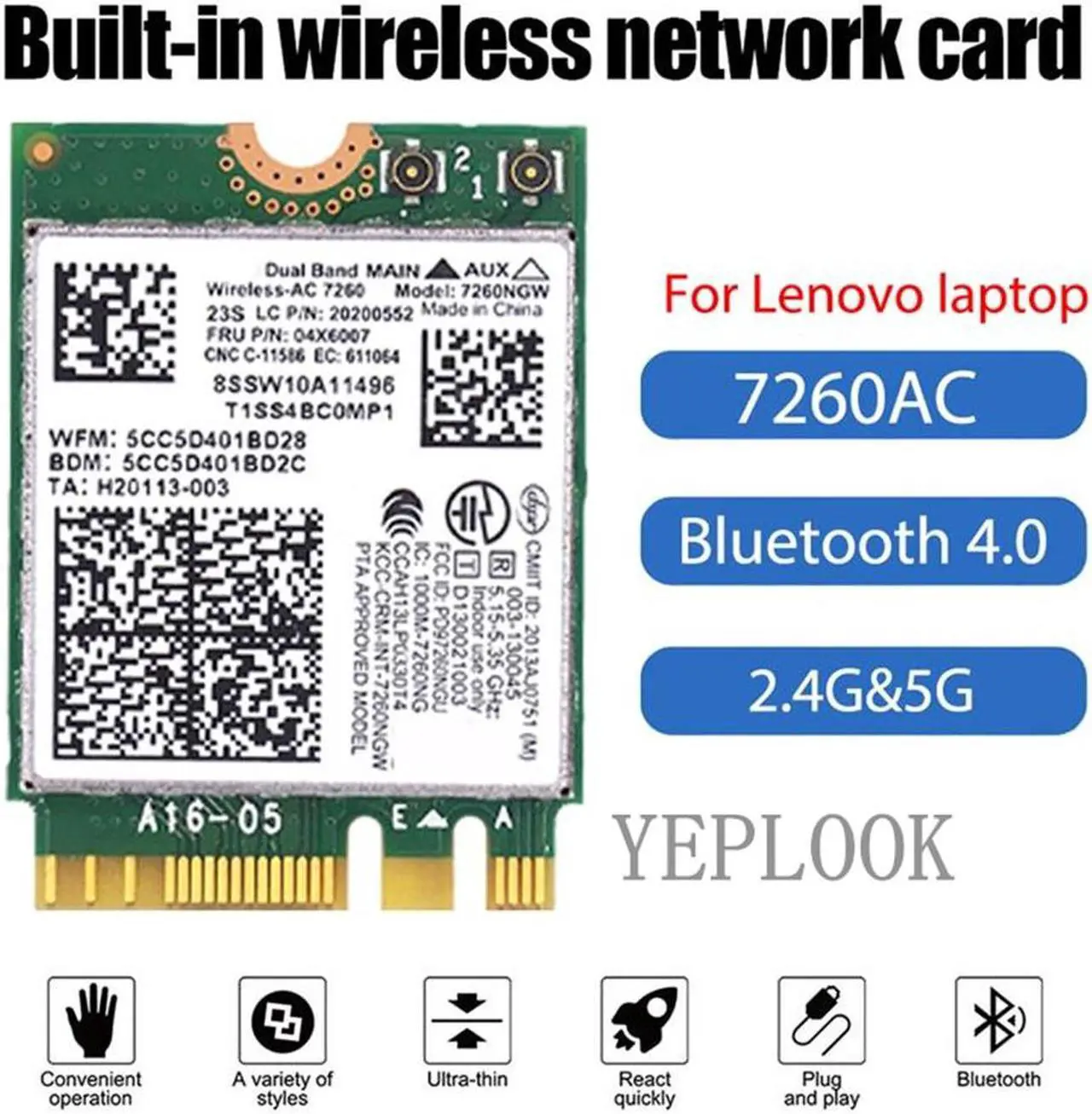 Wireless-AC7260 7260NGW 7260AC 867M Wifi BT 4.0 Dual Band 2.4G/5G M2 ...