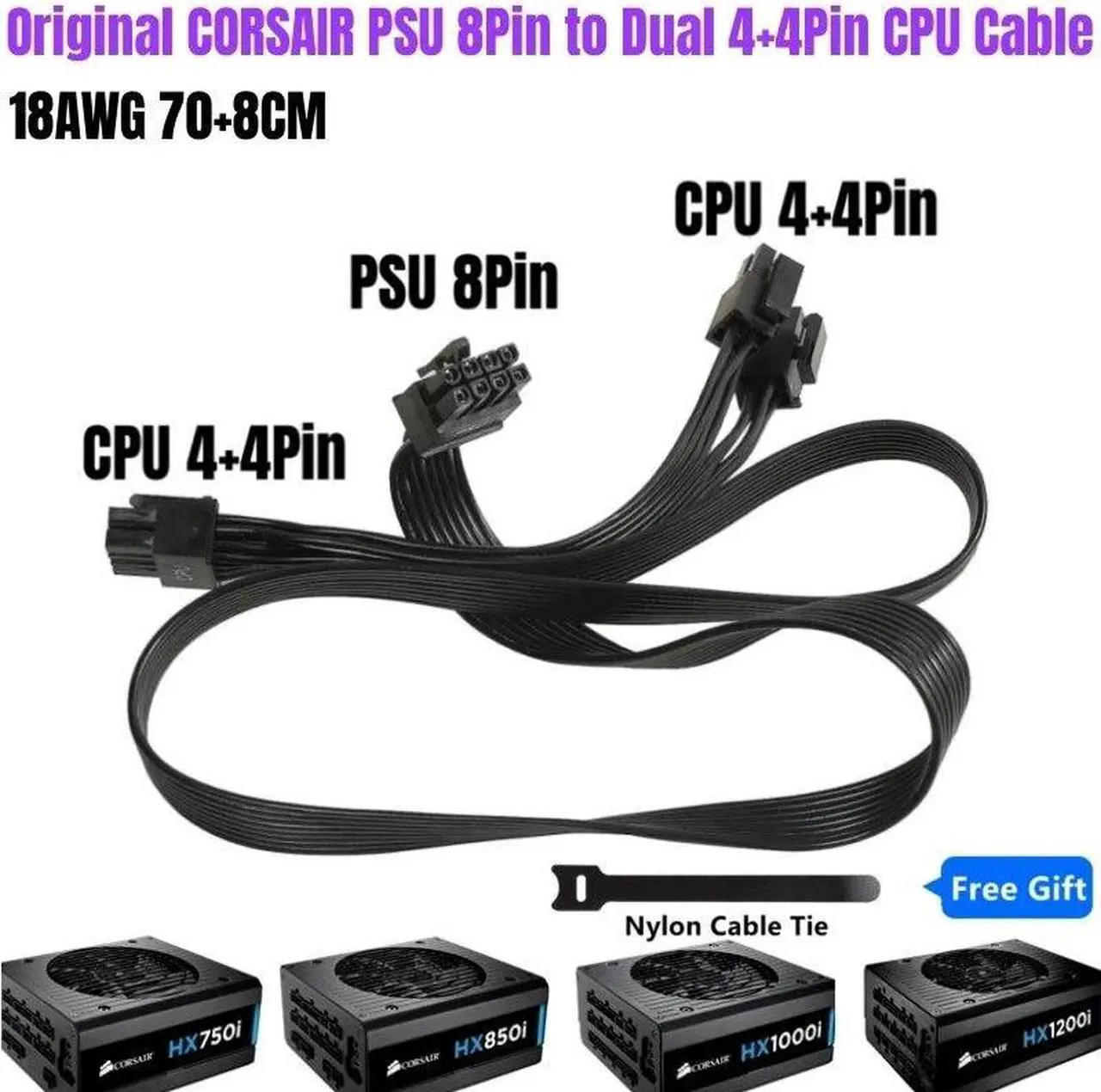 Original PSU 8Pin to 2x 8Pin 4+4Pin CORSAIR Dual CPU Cable P4 ATX 12V ...