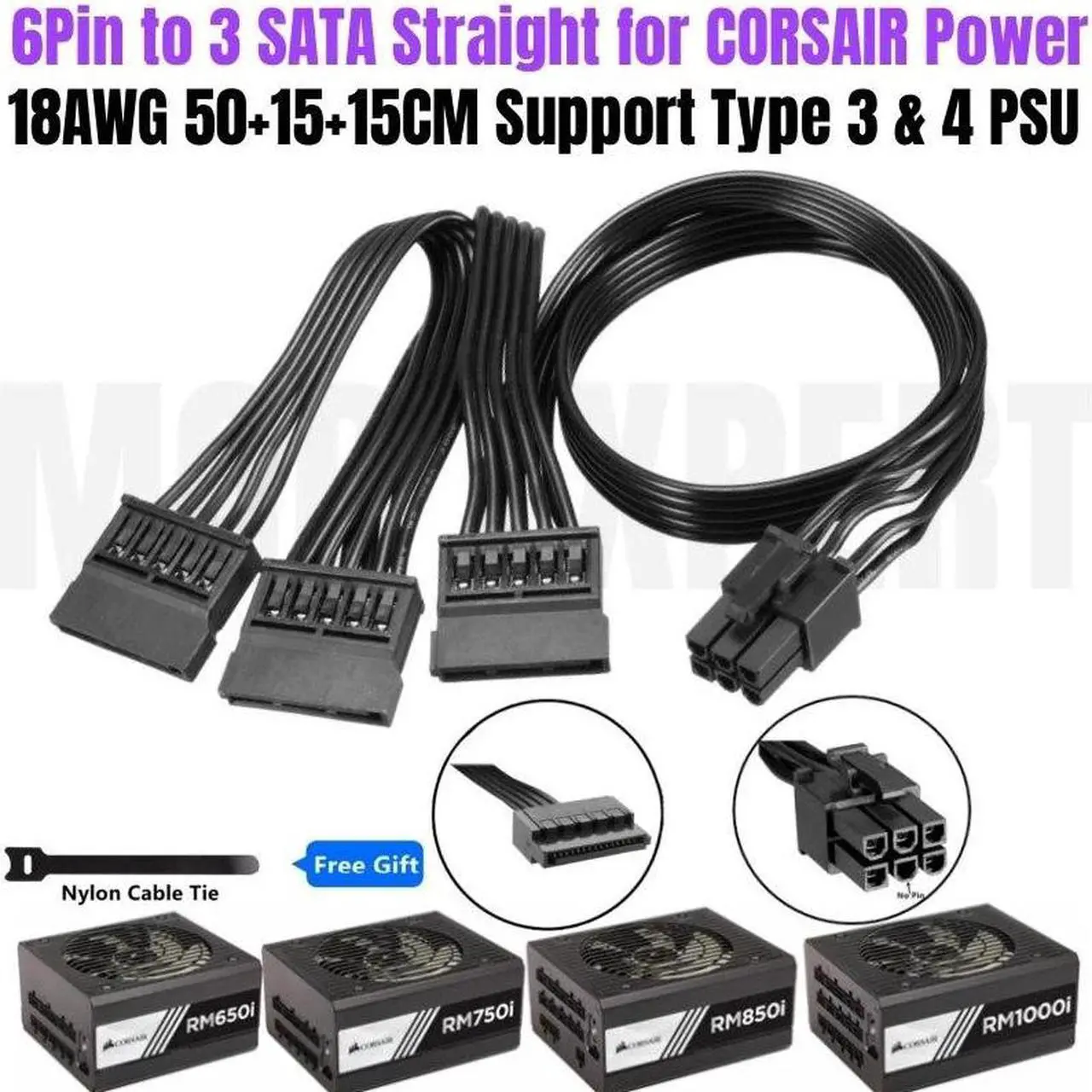 6Pin to 3 SATA Straight SSD HDD Hard Drive Power Cable for CORSAIR ...