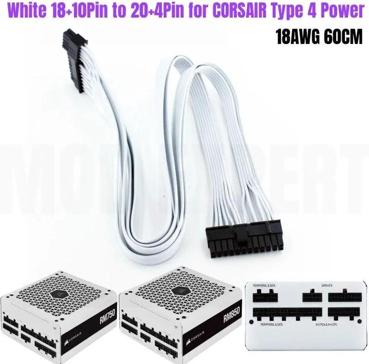 18+10Pin to 20+4Pin 24Pin ATX Main Power Cable for CORSAIR White RM750 ...